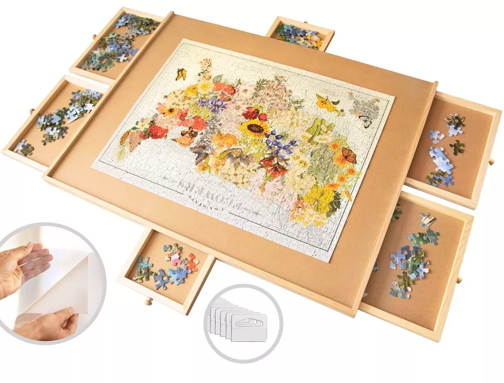 Playvibe 1500 Piece Wooden Jigsaw Puzzle Table - 6 Drawers, Puzzle ... Playvibe 1500 Piece Wooden Jigsaw Puzzle Table - 6 Drawers, Puzzle ...