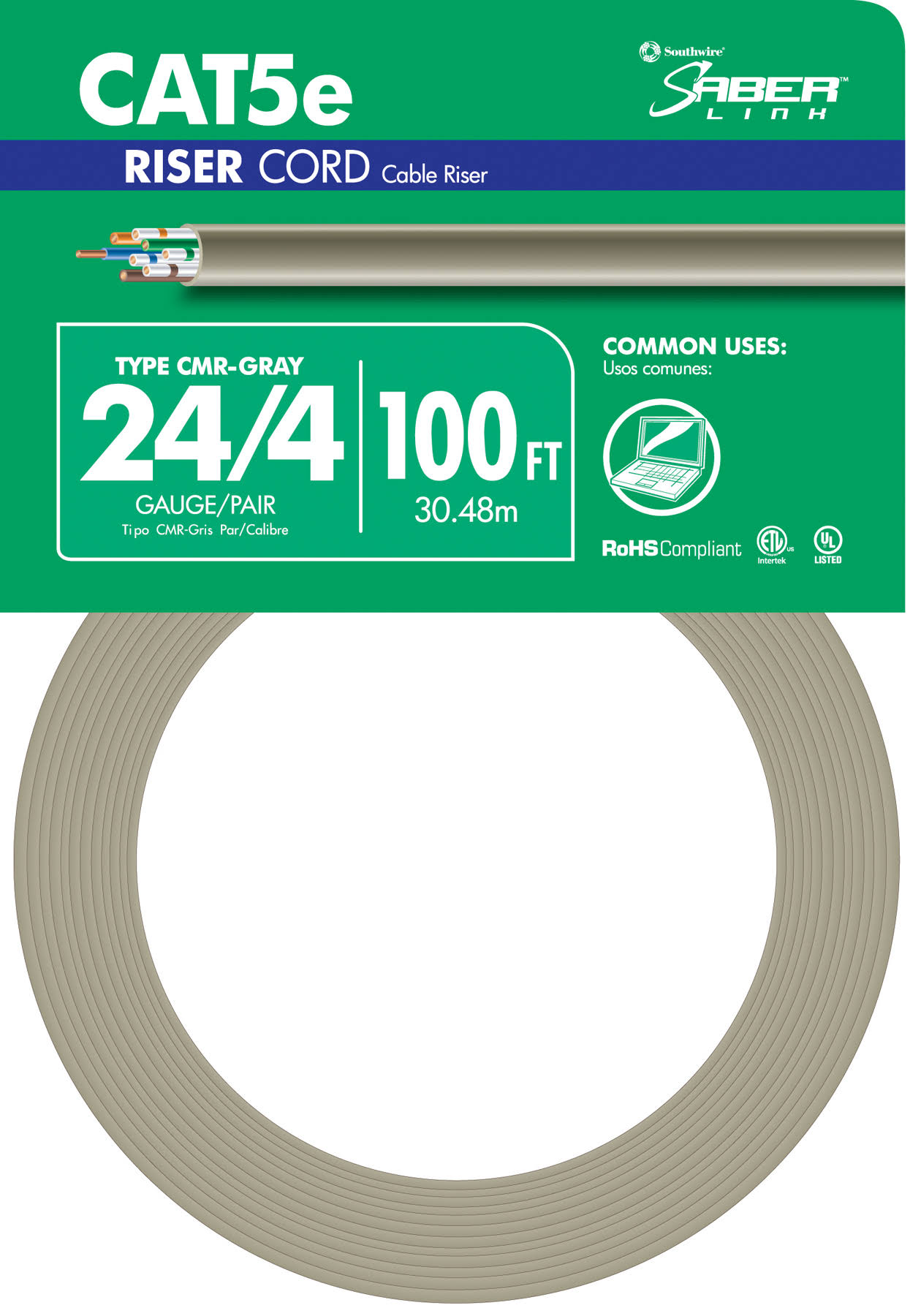 Southwire 56917943 100 Grey 24 Gauge 4 Wire Riser Cord WWWW