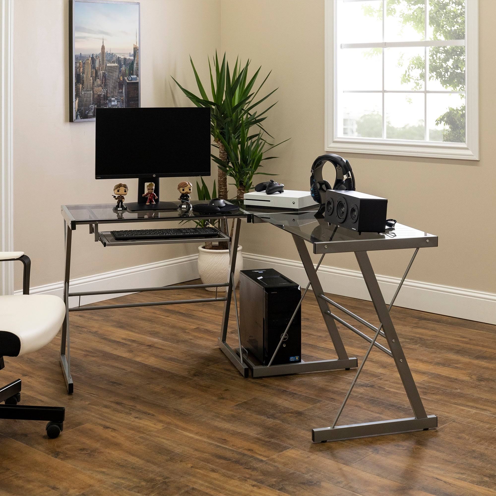 We Furniture Contemporary Glass and Metal L-Shaped Desk - WXF-02