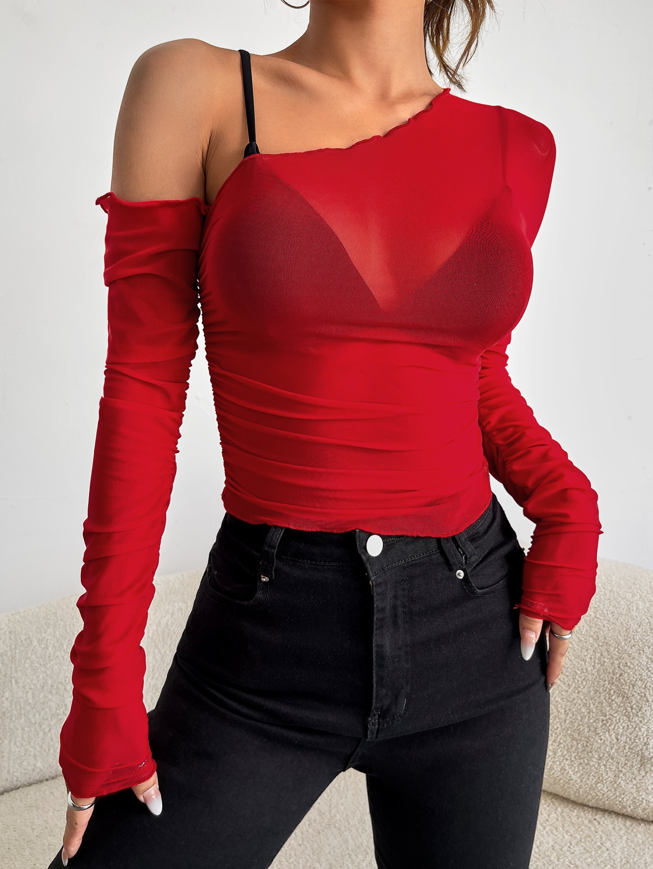 S Icon Asymmetrical Neck Sheer Mesh Top Without Bra
