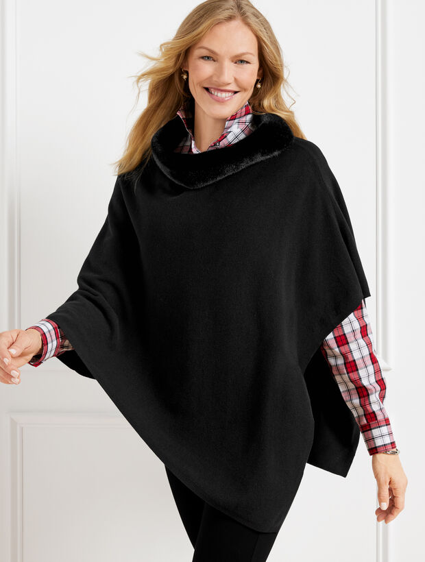 Faux Fur Trim Poncho Black