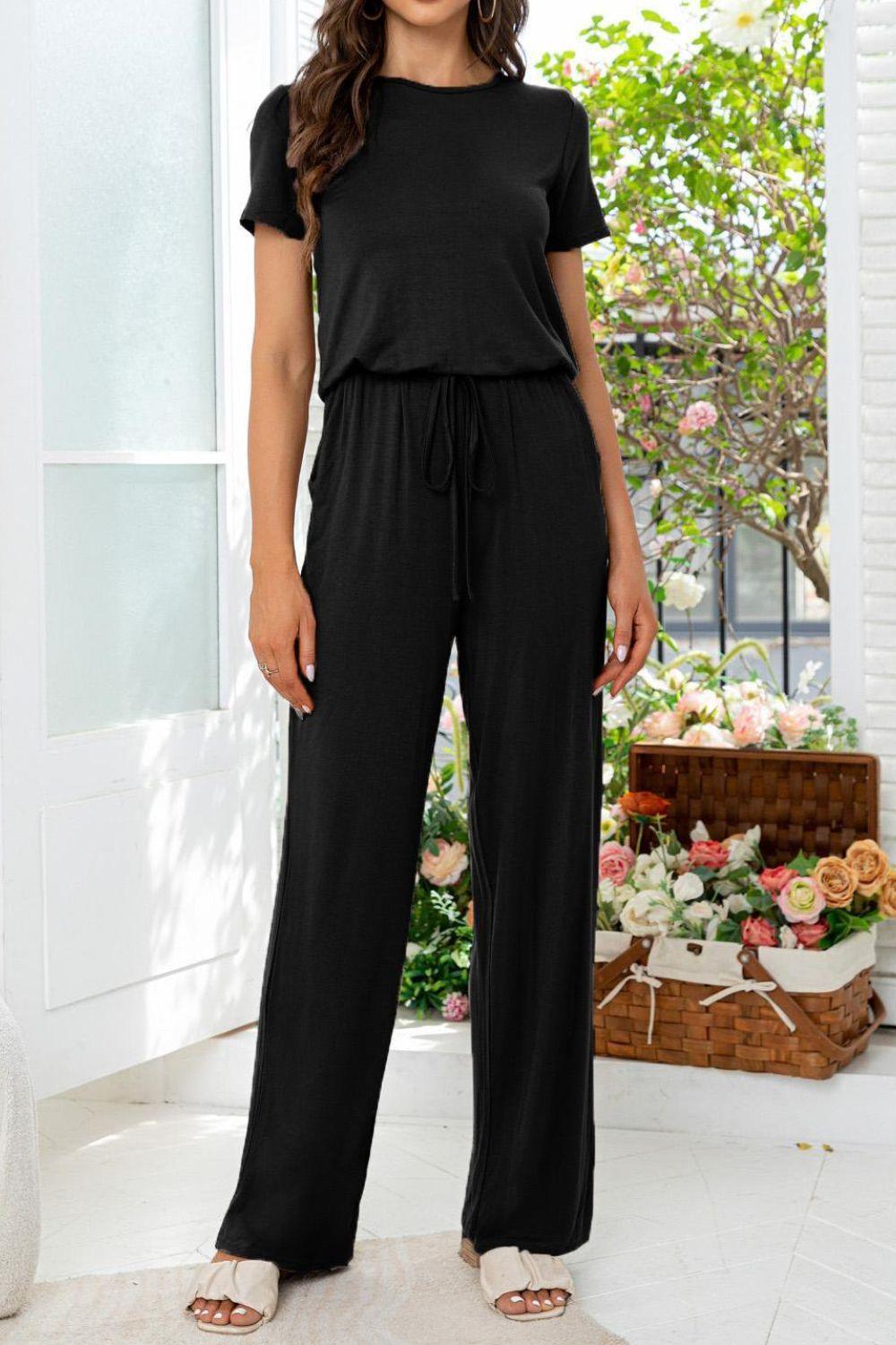 Round Neck Open Back Jumpsuit with Pockets - luckyyclothe